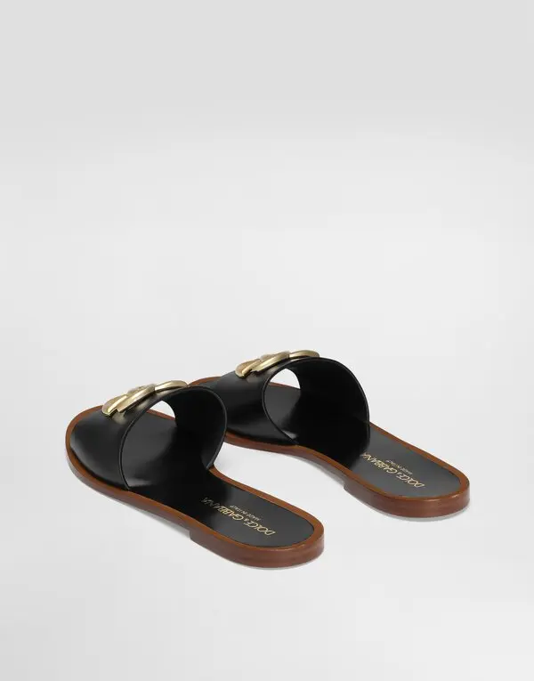 Dolce & Gabbana Flat Calfskin Slides With Dg Logo Detail - Black