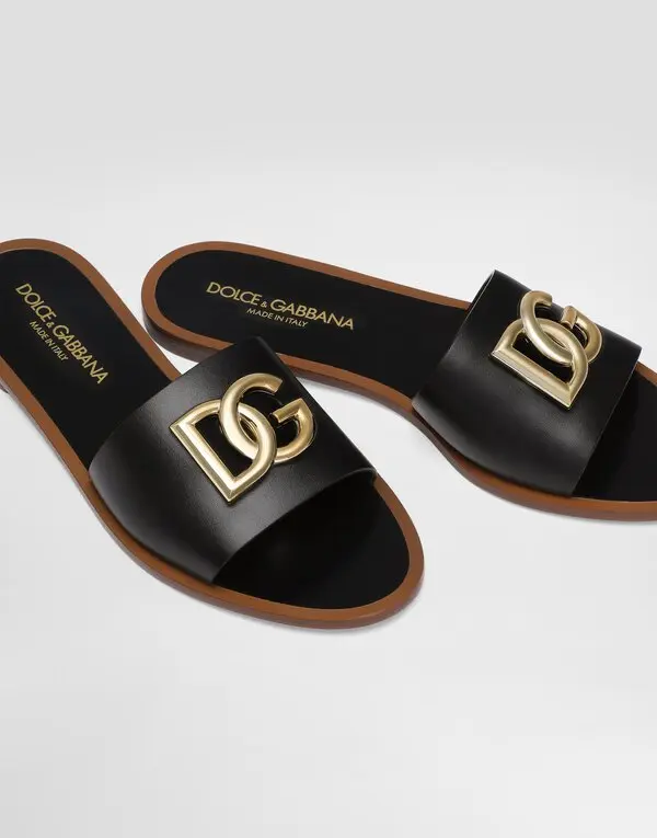 Dolce & Gabbana Flat Calfskin Slides With Dg Logo Detail - Black