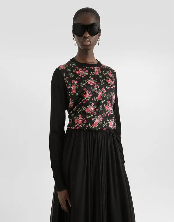 Dolce & Gabbana Small Rose Bouquets-print Silk And Satin Pullover Sweaters And Cardigans