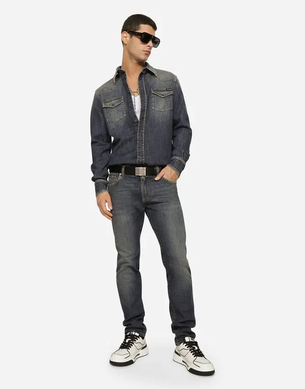 Dolce & Gabbana Light Blue Wash Stretch Denim Shirt Denim Multi-colored Cotton