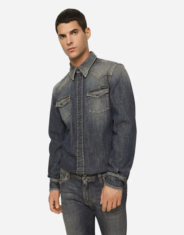 Dolce & Gabbana Light Blue Wash Stretch Denim Shirt Denim Multi-colored Cotton