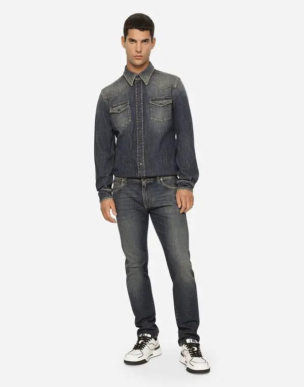 Dolce & Gabbana Light Blue Wash Stretch Denim Shirt Denim Multi-colored Cotton