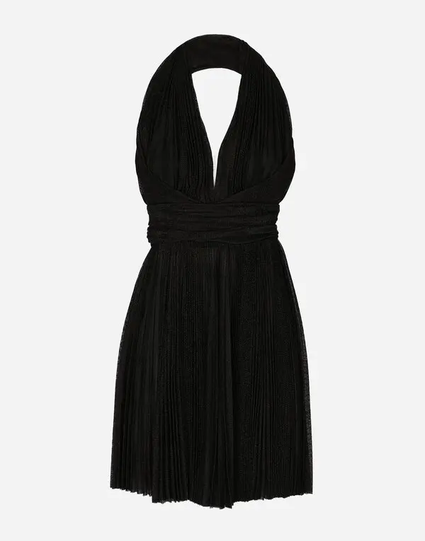 Dolce & Gabbana Pleated Lurex Mesh V-neck Mini Dress
