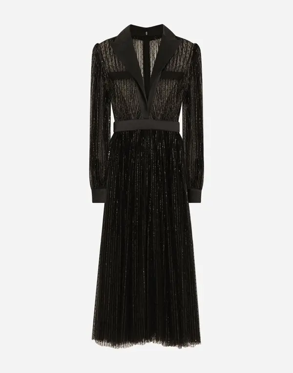 Dolce & Gabbana Calf-length Tulle Tuxedo Shirt Dress With Sequin Embellisht Dresses - Black