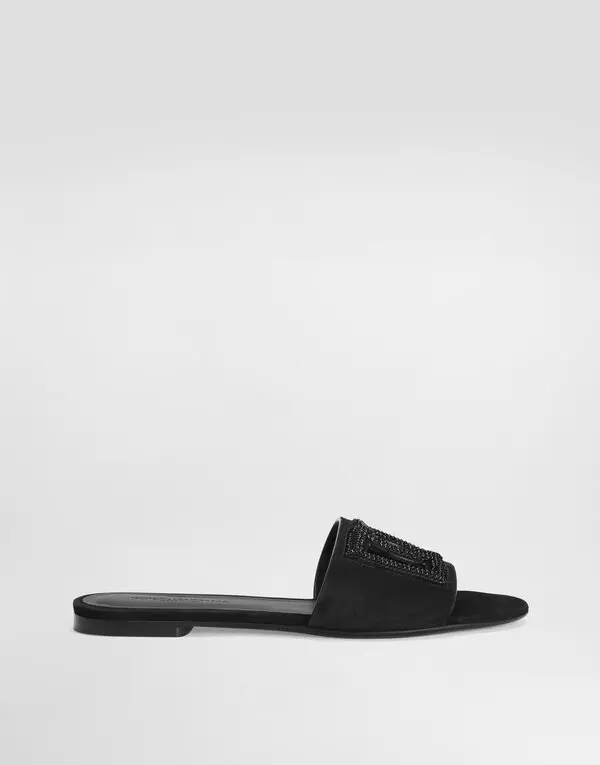 Dolce & Gabbana Suede Slippers With Rhinestones Slides And Mules - Black