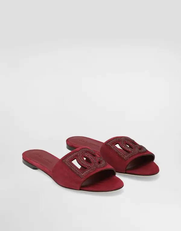 Dolce & Gabbana Embellished Suede Slides With Dg Logo - Grey