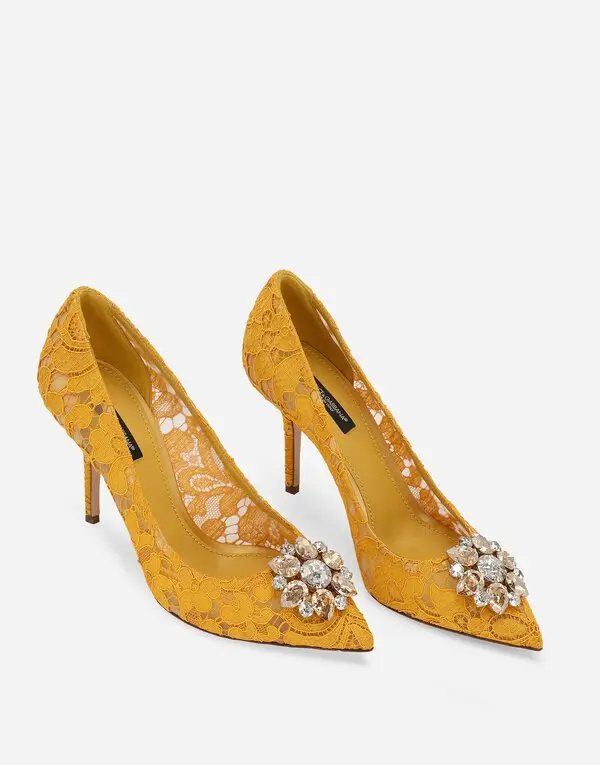 Dolce & Gabbana Lace Pumps With Embellished Brooch Detailing - Yellow