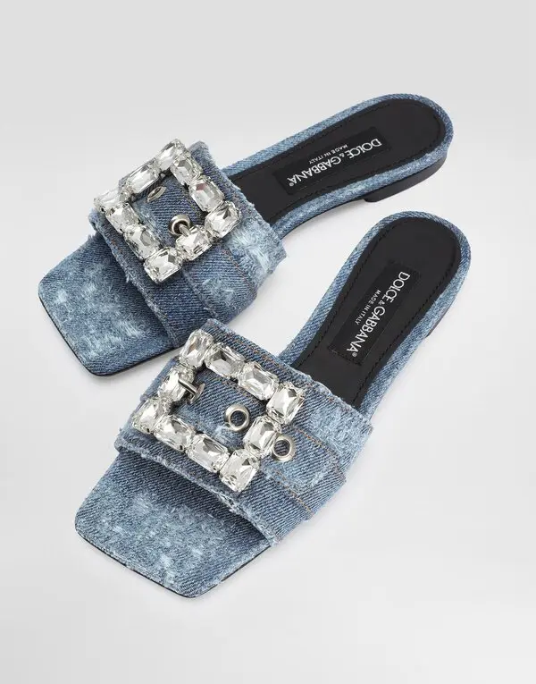 Dolce & Gabbana Patchwork Denim Slides With Rhinestone Buckle Slides And Mules Denim