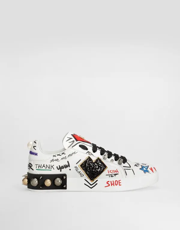 Dolce & Gabbana Printed Calfskin Portofino Sneakers With Patch Sneakers White Leather - Multicolor