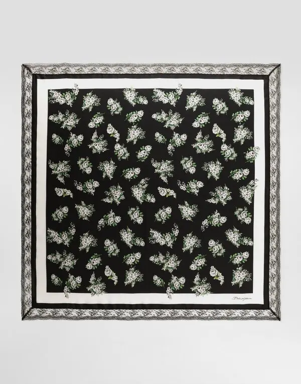 Dolce & Gabbana 90x90 Small Flower Bouquet-print Silk Twill Scarf With Lace Insert Scarves And Silks - Multicolor
