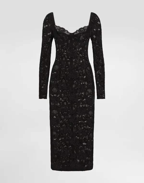 Dolce & Gabbana Calf-length Floral Lace Dress With Bra-style Cups Dresses Lace - Black
