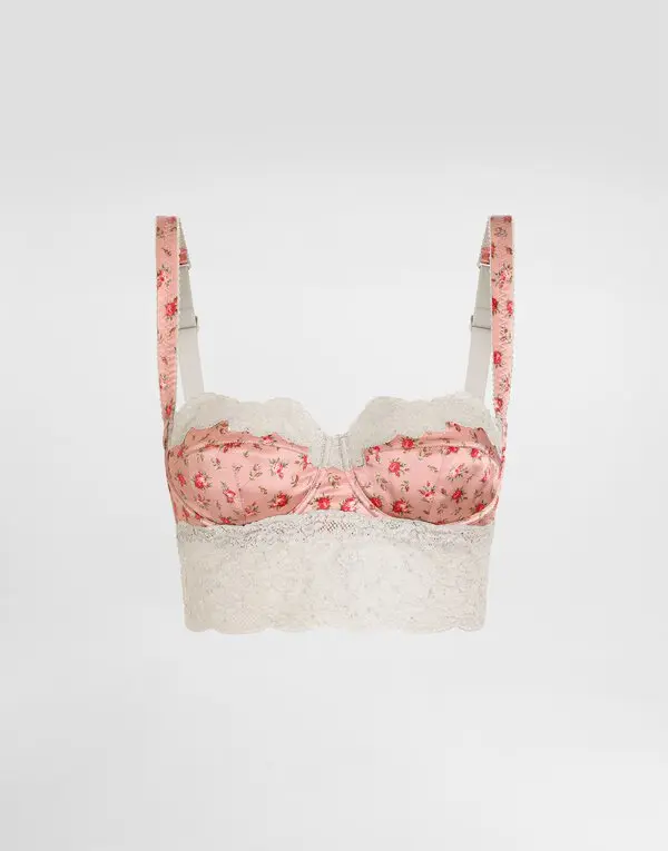 Dolce & Gabbana Small Rose-print Satin And Lace Balconette Underwear - Multicolor