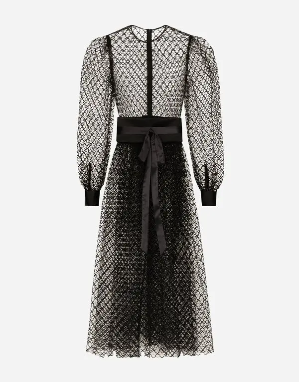 Dolce & Gabbana Calf-length Mesh Dress With Wool Crepe Belt Dresses - Black