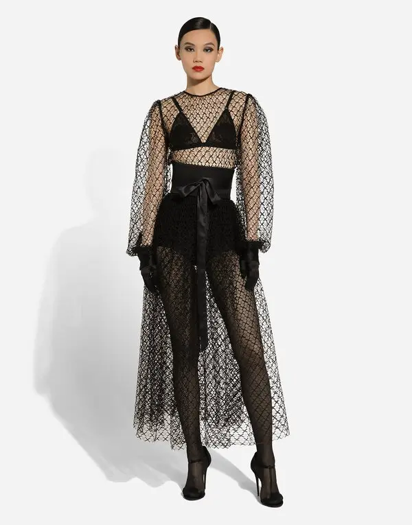 Dolce & Gabbana Calf-length Mesh Dress With Wool Crepe Belt