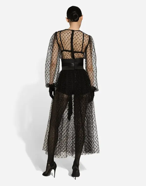 Dolce & Gabbana Calf-length Mesh Dress With Wool Crepe Belt