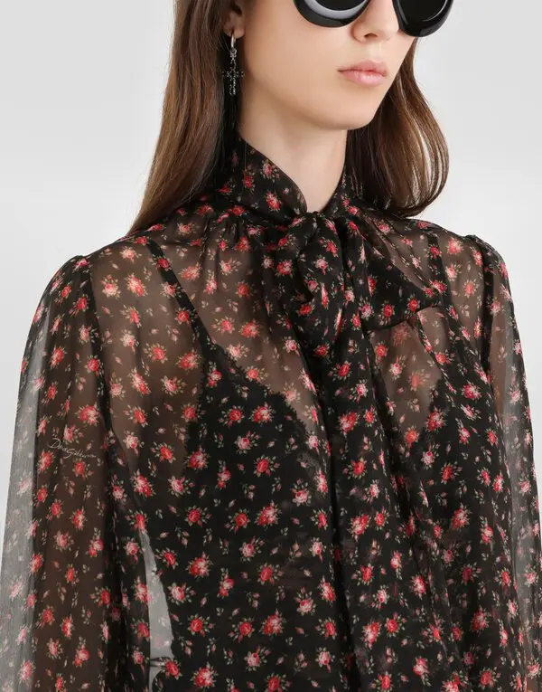 Dolce & Gabbana Rose-print Chiffon Top With Bow Detail