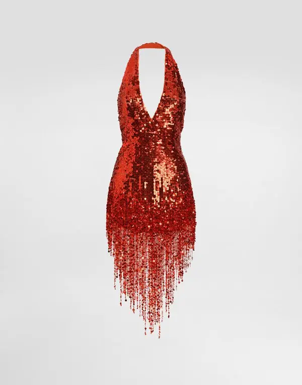 Dolce & Gabbana Sequined Halter Neck Dress With Fringe Detail - Multicolor