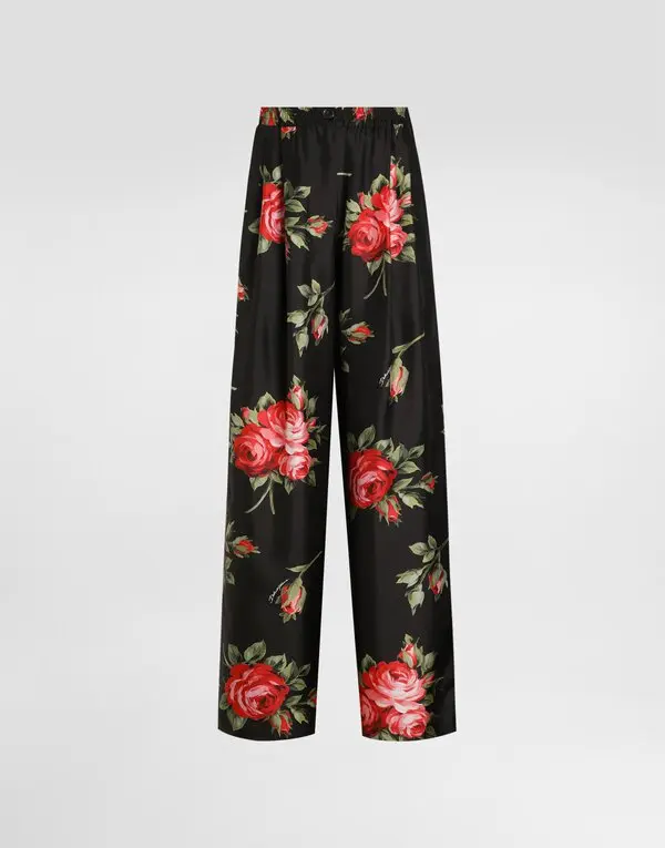 Dolce & Gabbana Rose Bouquet-print Wide Twill Trousers Pants And Shorts - Multicolor