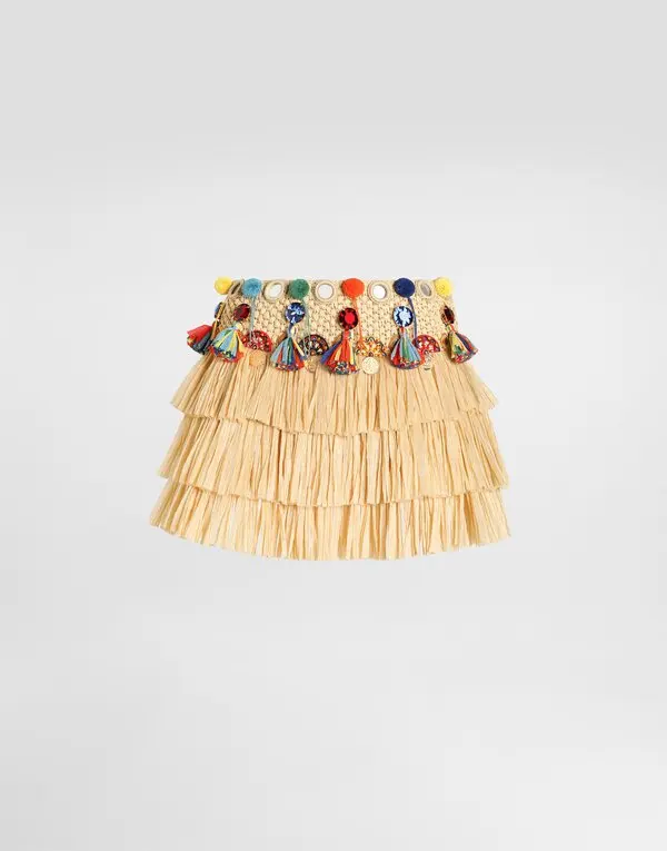 Dolce & Gabbana Raffia Tiered Mini Skirt With Embellishments - Yellow
