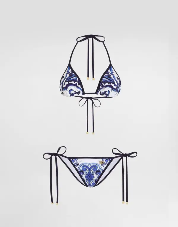 Dolce & Gabbana Dg Exclusive Majolica- Triangle Bikini Swimwear Blue Fabric - Print