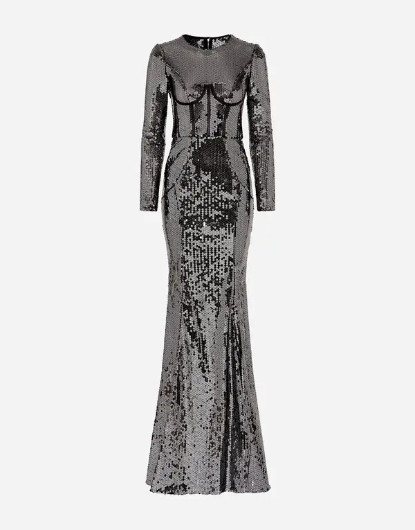 Dolce & Gabbana Long Sequined Dress With Corset Detailing Dresses Gray - Grey