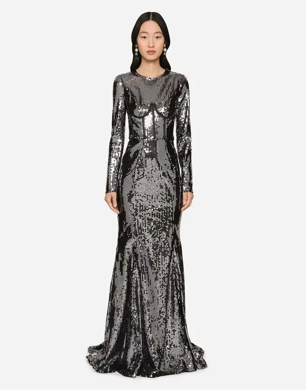 Dolce & Gabbana Long Sequined Dress With Corset Detailing