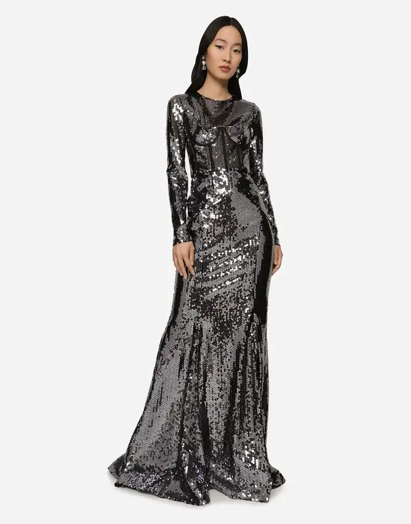 Dolce & Gabbana Long Sequined Dress With Corset Detailing