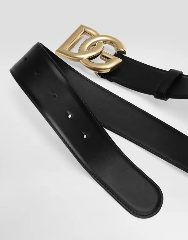 Dolce & Gabbana Gold Tone Logo Calfskin Belt - Black