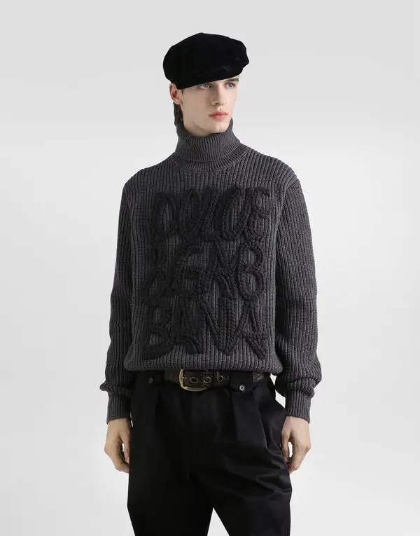 Dolce & Gabbana Wool Turtleneck With Embroidery Sweaters And Cardigans Gray