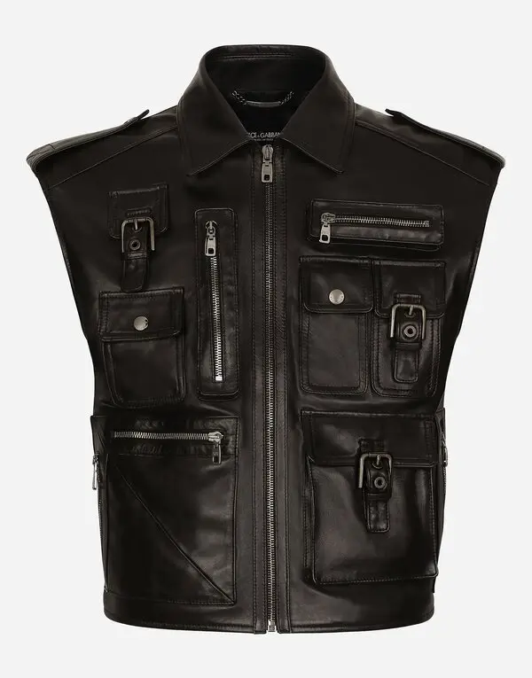 Dolce & Gabbana Leather Vest With Multiple Pockets Coats And Jackets