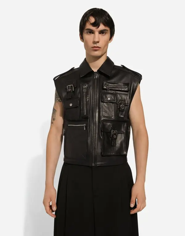 Dolce & Gabbana Leather Vest With Multiple Pockets Coats And Jackets