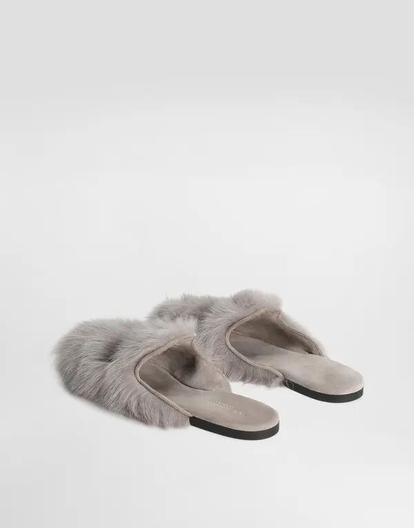 Dolce & Gabbana Shearling And Suede Slippers Slides And Mules - Grey