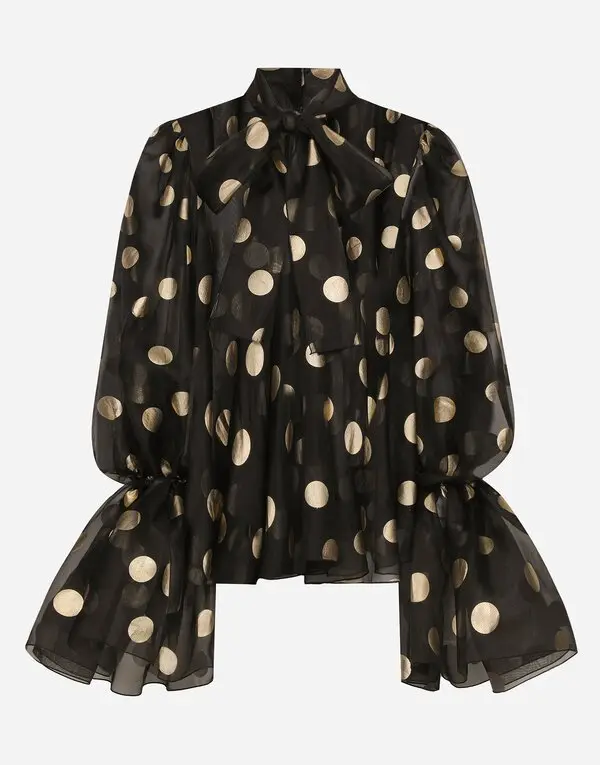 Dolce & Gabbana Silk Organza Jacquard Blouse With Polka-dot Design And Pussy-bow Shirts And Tops - Print