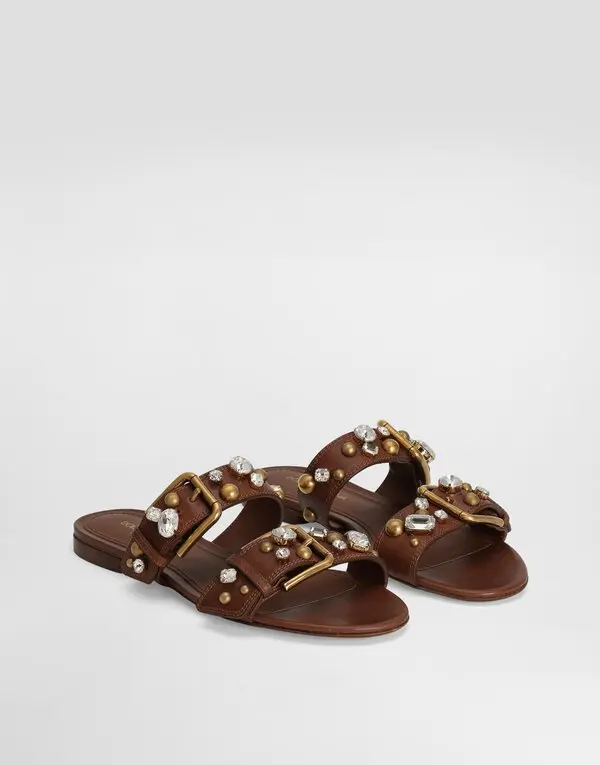 Dolce & Gabbana Cowhide Embellished Flat Slippers Slides And Mules