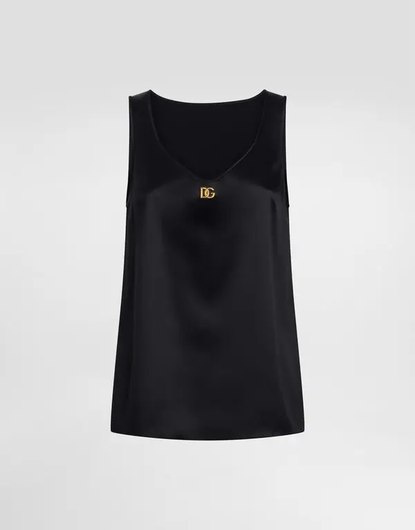 Dolce & Gabbana Satin Tank Top With Dg Logo Pin Shirts And Tops Silk - Black
