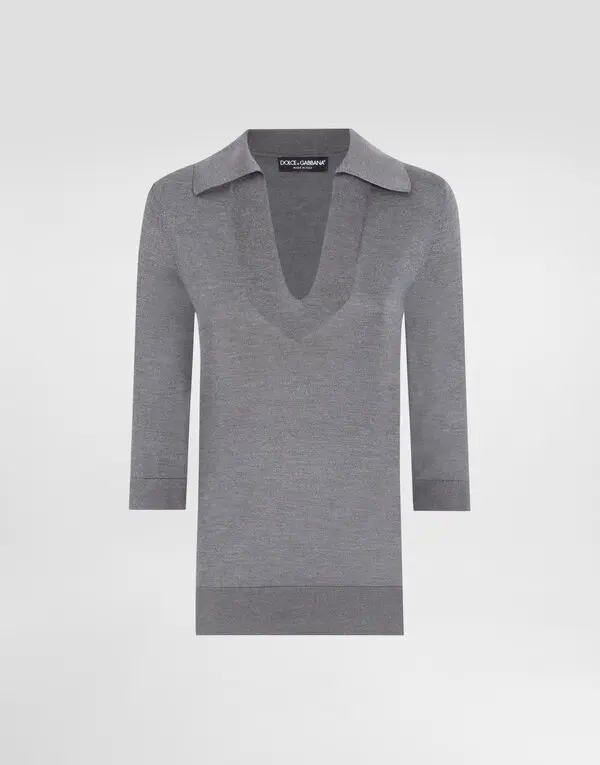 Dolce & Gabbana Silk V-neck Polo-shirt With Dg Logo Embroidery Sweaters And Cardigans - Grey