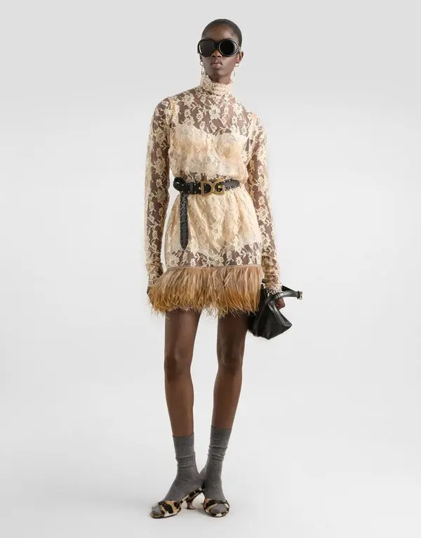 Dolce & Gabbana Floral Chantilly Lace Dress With Feather Trim - Beige