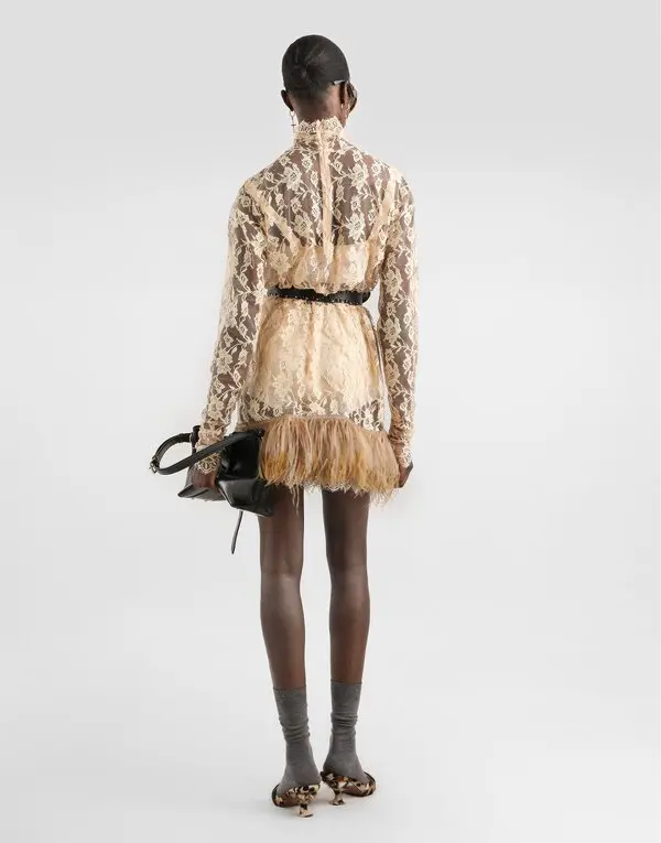 Dolce & Gabbana Floral Chantilly Lace Dress With Feather Trim - Beige