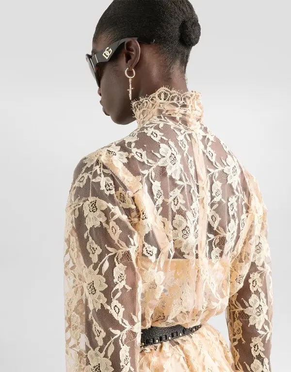 Dolce & Gabbana Floral Chantilly Lace Dress With Feather Trim - Beige