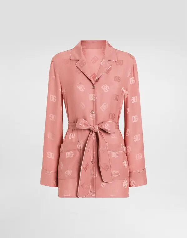 Dolce & Gabbana Long-sleeved Silk Jacquard Pajama Shirt With Dg Logo Shirts And Tops - Pink
