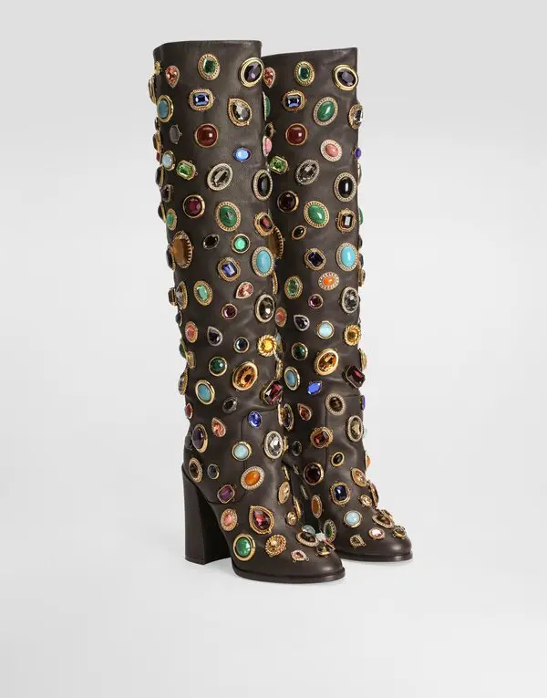 Dolce & Gabbana Calfskin Boots With Stone Embroidery - Multicolor