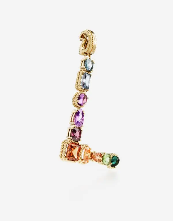 Dolce & Gabbana L Alphabet Charm In 18kt Yellow And Multicoloured Gemstones - Gold