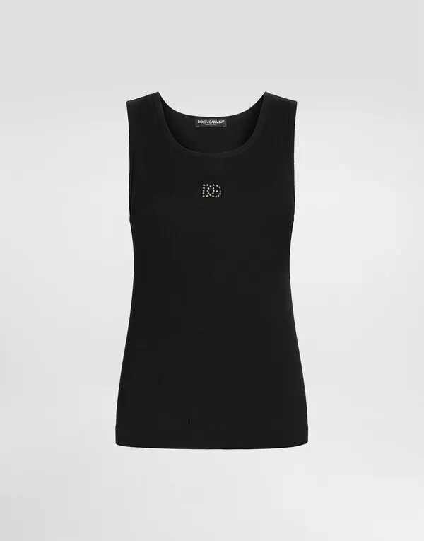 Dolce & Gabbana Ribbed Tank Top With Dg Embroidery And Rhinestones T-shirts And Sweatshirts - Black