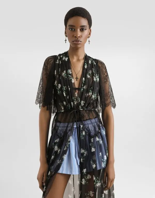 Dolce & Gabbana Violets-print Chiffon Robe Dress Dresses