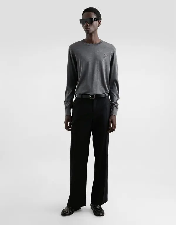 Dolce & Gabbana Silk Round-neck Sweater With Dg Embroidery - Grey