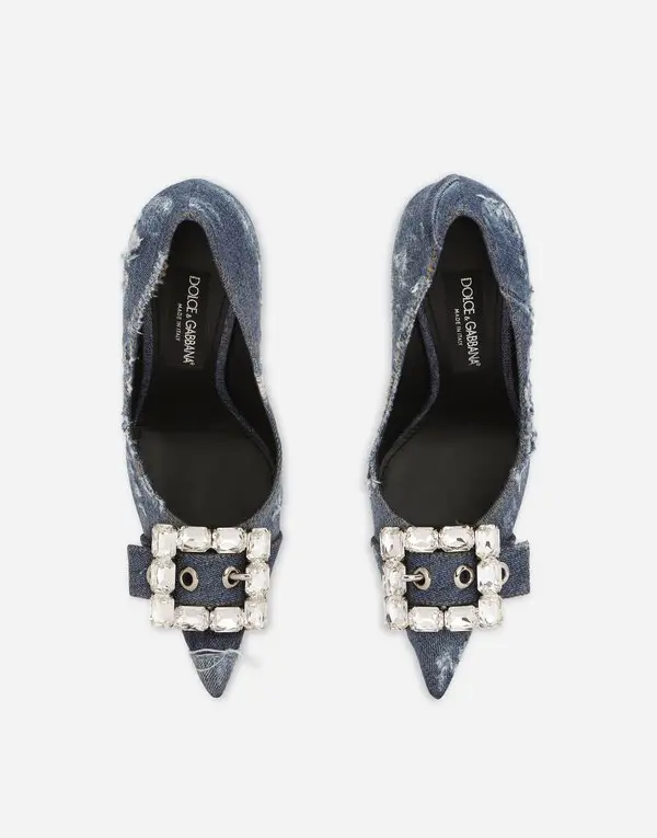 Dolce & Gabbana Patchwork Denim Pumps With Rhinestone Buckle Pumps And Slingback Denim