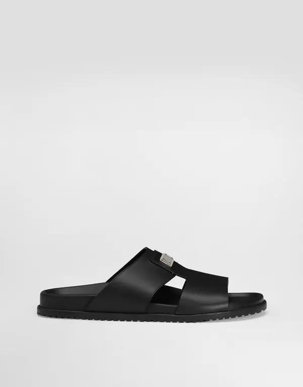 Dolce & Gabbana Calfskin Leather Slides With Metal Detail - Black