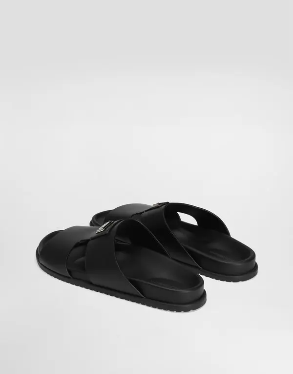 Dolce & Gabbana Calfskin Leather Slides With Metal Detail - Black
