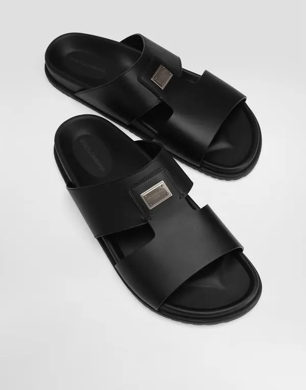 Dolce & Gabbana Calfskin Leather Slides With Metal Detail - Black