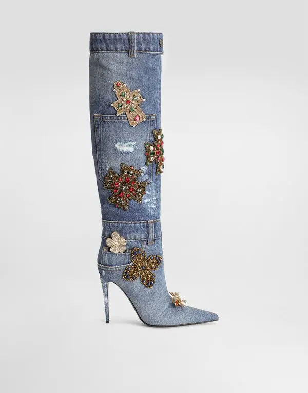 Dolce & Gabbana Embellished Denim Patchwork Boots